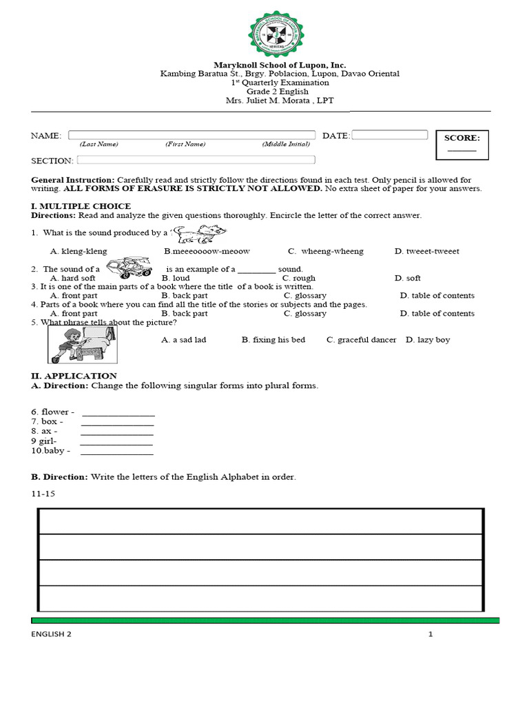 Grade-2 English 1st Quarter Exam | PDF | Syntax | Linguistics
