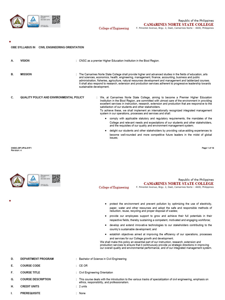 Syllabus-CE ORIENTATION | Download Free PDF | Engineering | Civil Engineering