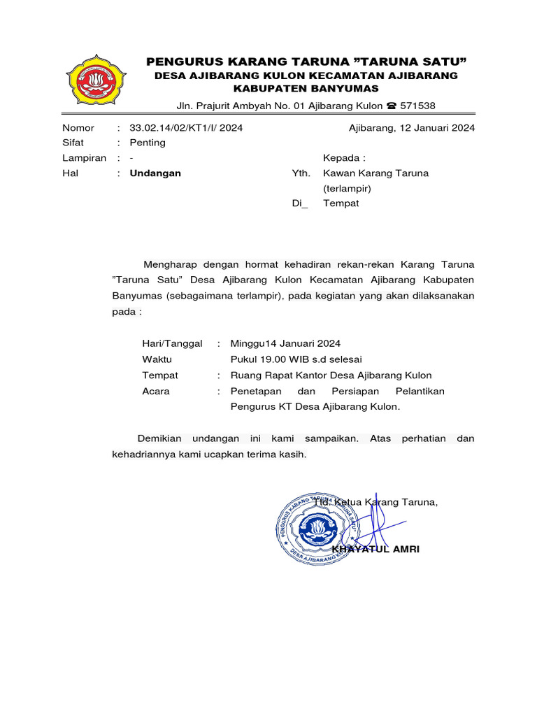 Undangan Rapat Karang Taruna | PDF