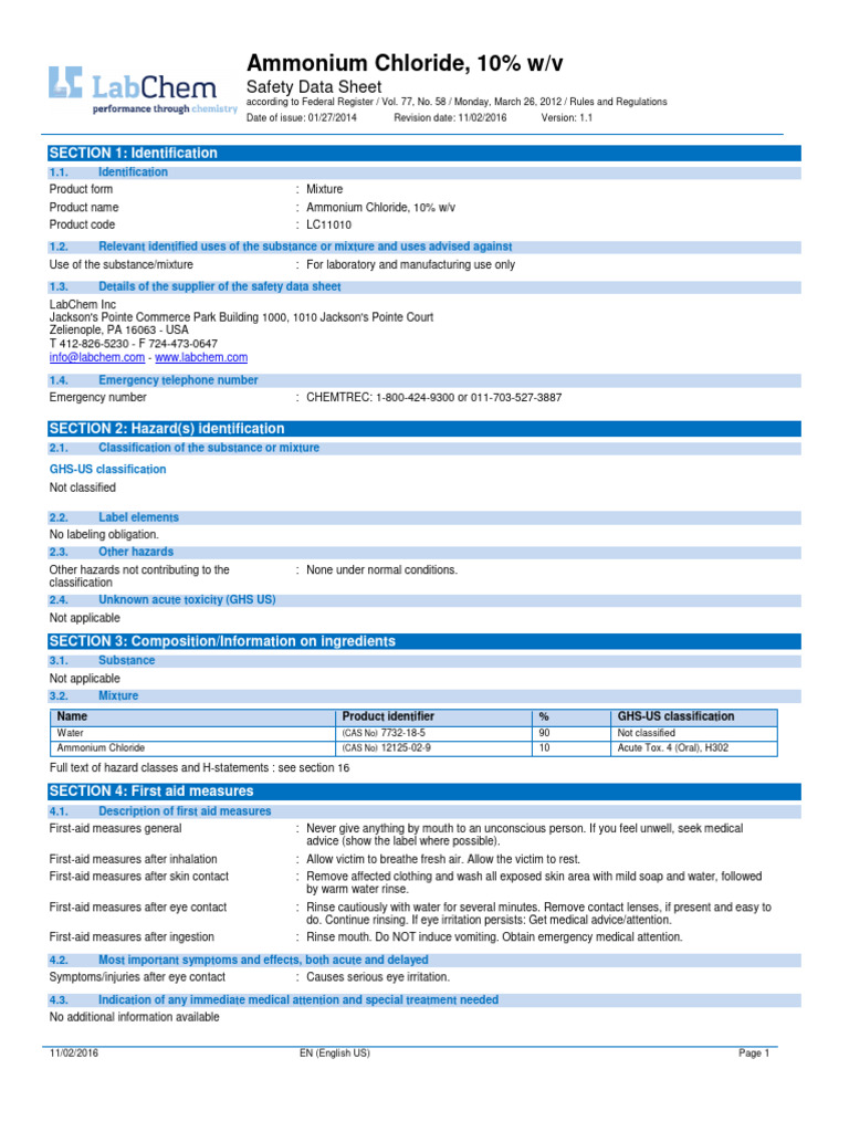 Ammonium Chloride 10% W-V | PDF | Firefighting | Toxicity
