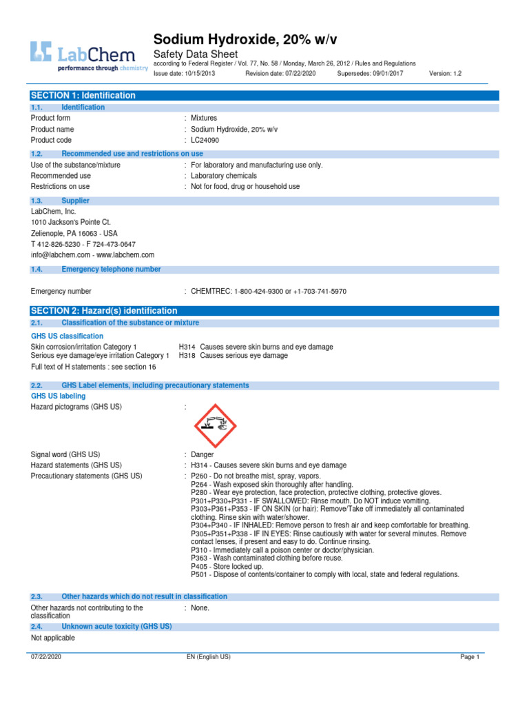 Sodium Hydroxide, 20% W-V | PDF