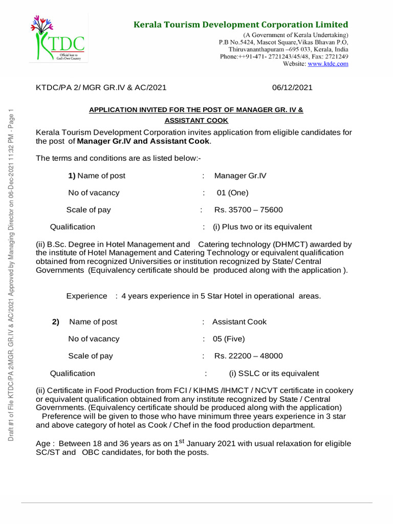 KTDC Recruitment 2021 | PDF