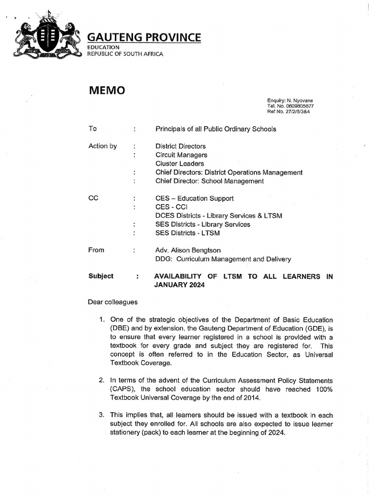 MEMO ON AVAILABILITY OF LTSM TO ALL LEARNERS IN JANUARY 2024 | PDF