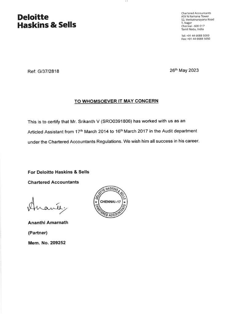 Srikant V Deloitte Experience Relieving Letter | PDF