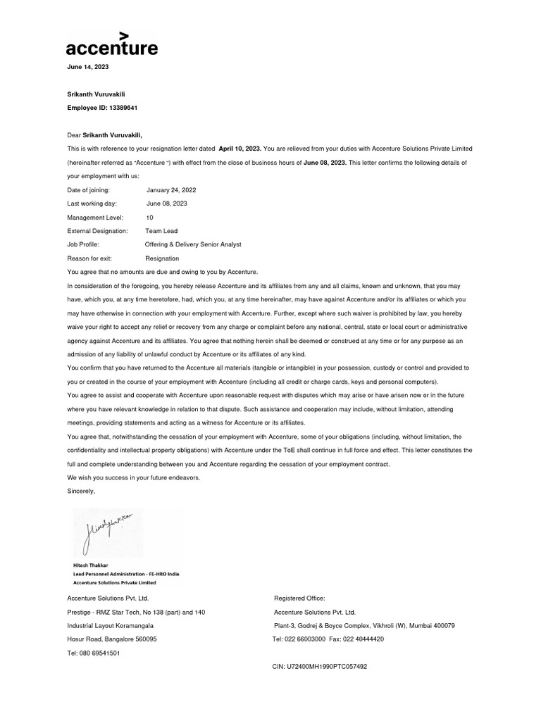 Srikanth - Accenture Relieving Letter | PDF | Employment | Business Law
