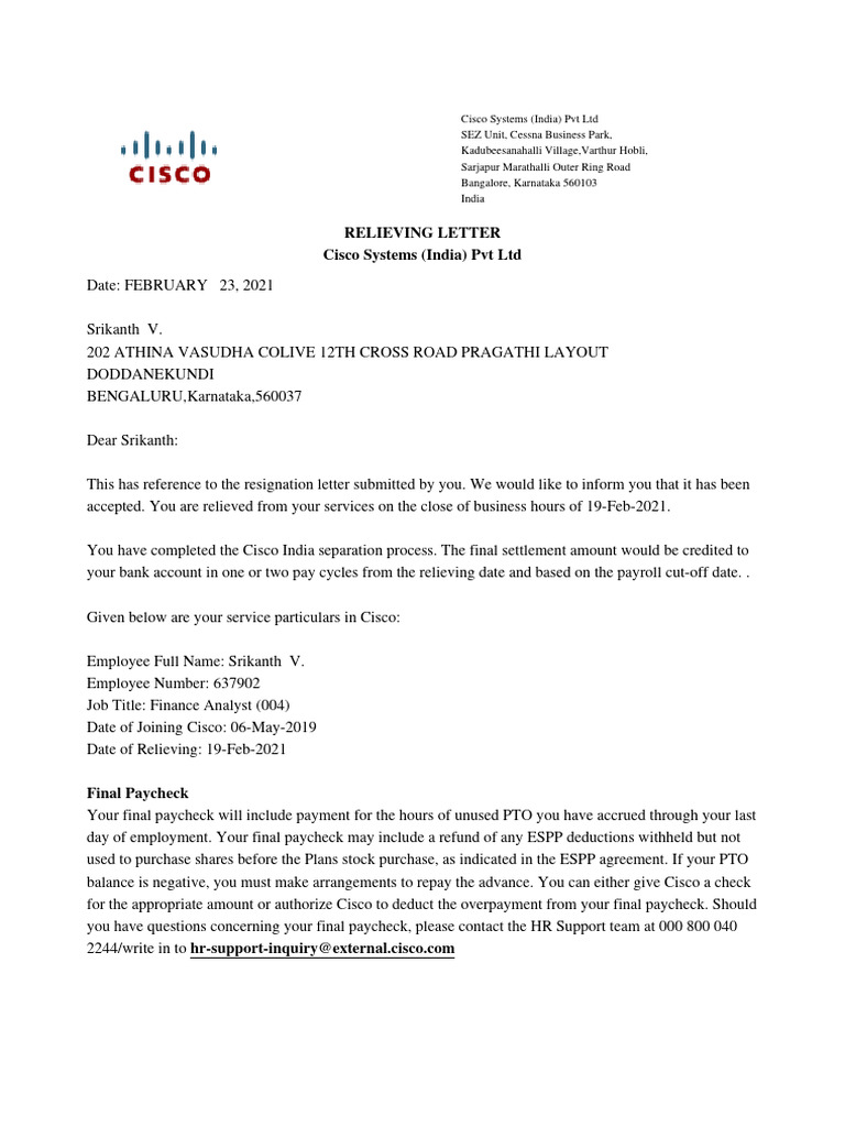 Srikanth V-Cisco Experience Relieving Letter | PDF