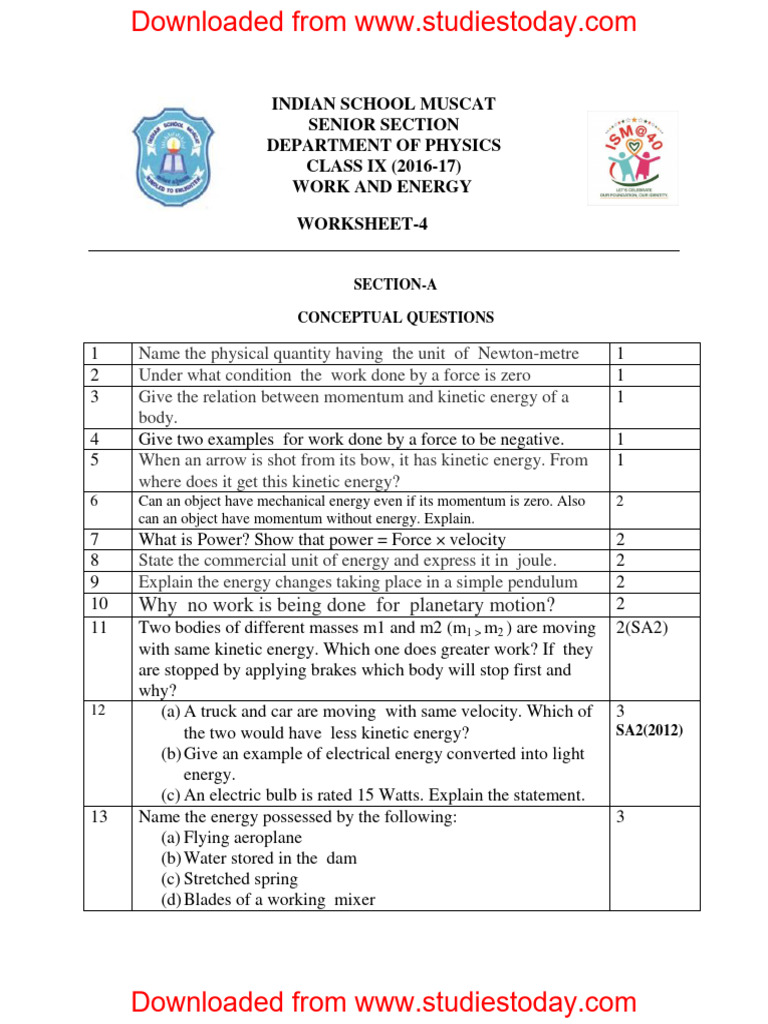 CBSE Class 9 Science Worksheet - Work and Energy - 1 | PDF | Force ...