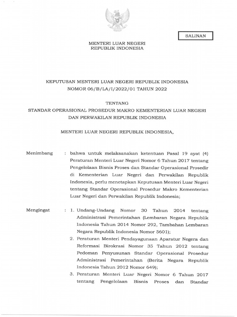 SK SOP MAKRO Kementerian Luar Negeri Dan Perwakilan RI | PDF