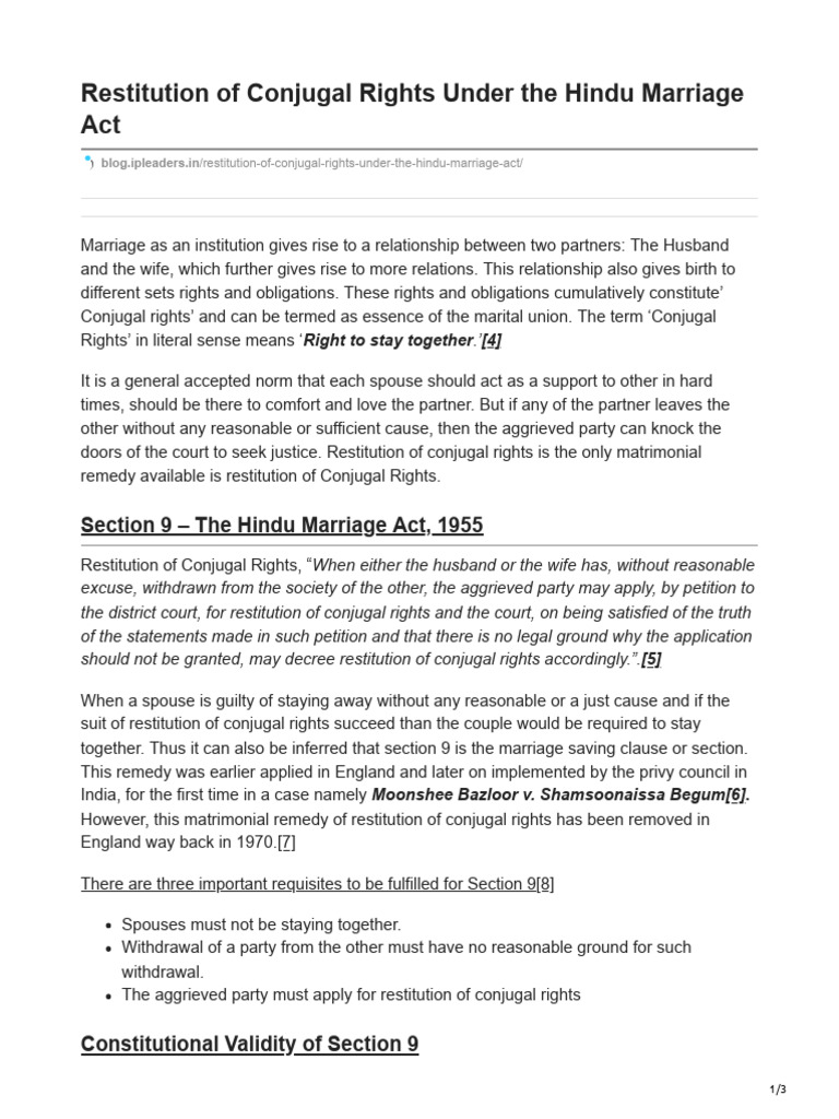 Blog - Ipleaders.in-Restitution of Conjugal Rights Under The Hindu Marriage Act | PDF