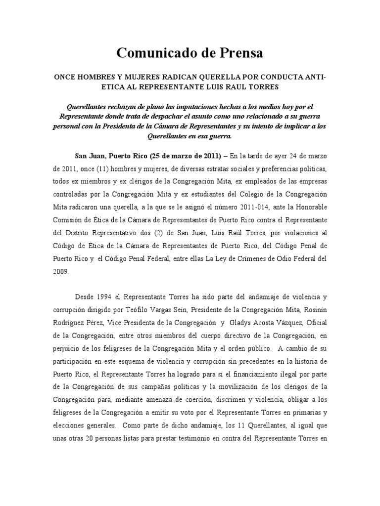 Comunicado de Prensa Rechazo A Expresiones de Luis Raul Torres | PDF ...