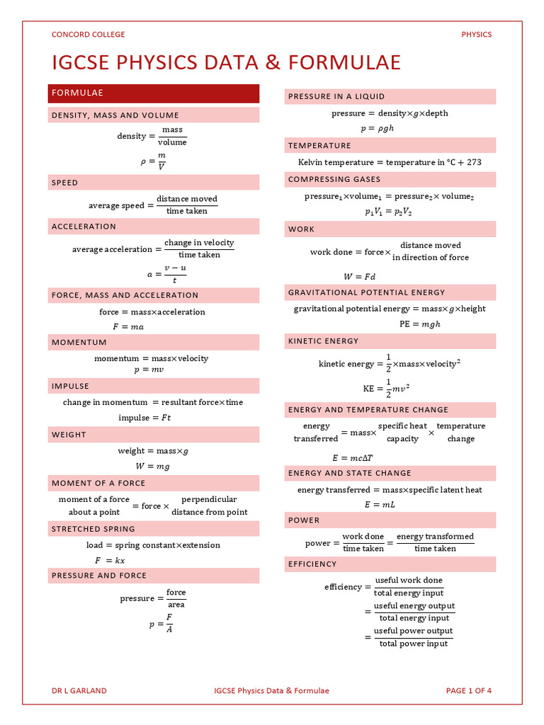 IGCSE Physics Data & Formulae v02 | PDF | Force | Resistor