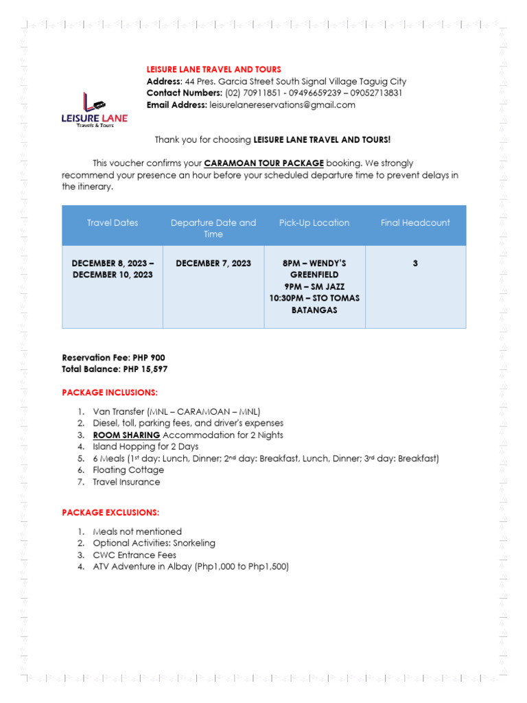 Caramoan Voucher 3D2N Nayomi | PDF