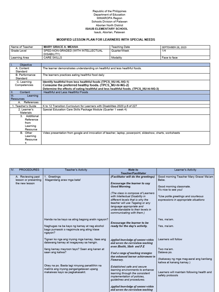Care Skills Lesson Plan for SPED | PDF