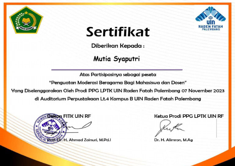 Sertifikat Peserta Mutia Syaputri | PDF