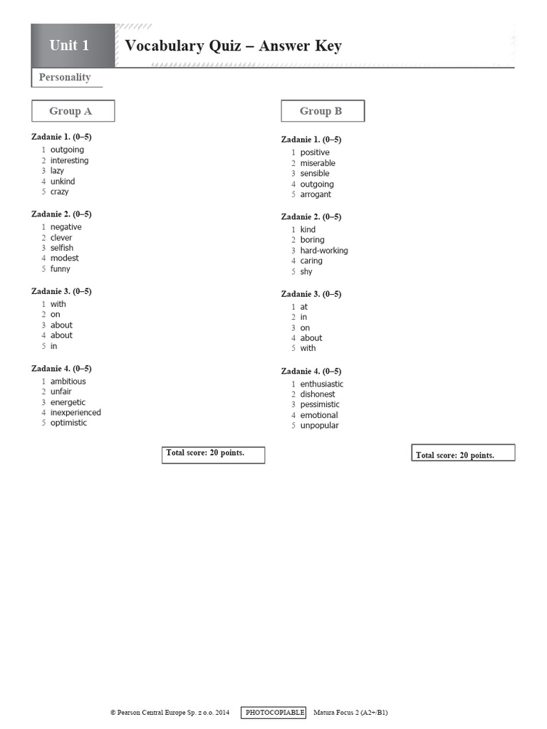 Unit 1 Vocabulary Quiz - Answer Key | PDF