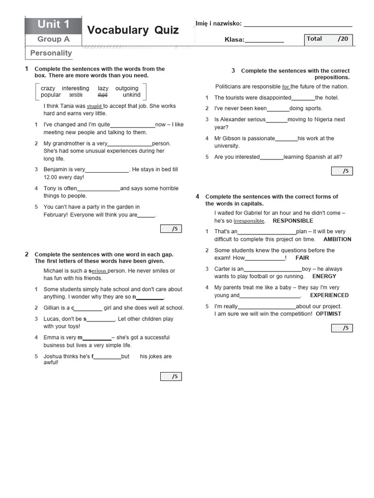 Vocabulary Quiz for Personality Traits | PDF