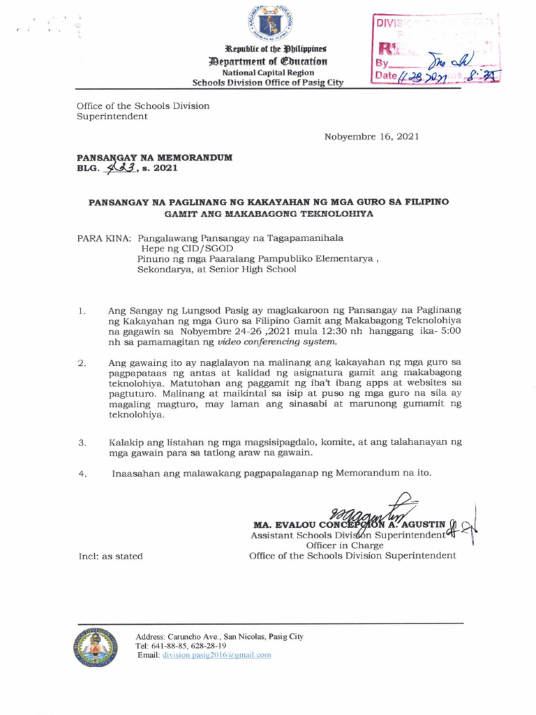 DM No.433 S.2021 Pansangay Na Paglinang NG Kakayahan NG Mga Guro Sa ... DM No.433 S.2021 Pansangay Na Paglinang NG Kakayahan NG Mga Guro Sa ...