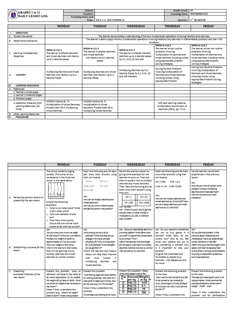 DLL - Mathematics 6 - Q1 - W5 | PDF | Multiplication | Learning