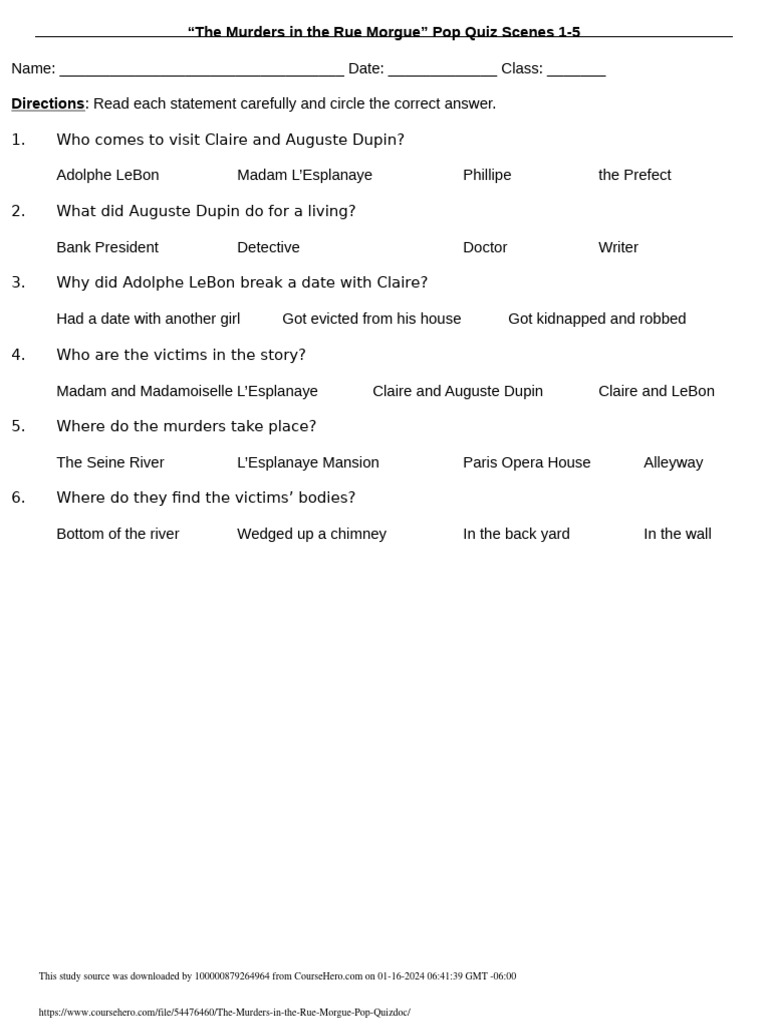 "Rue Morgue Pop Quiz: Scenes 1-5" | PDF | Art | General Fiction