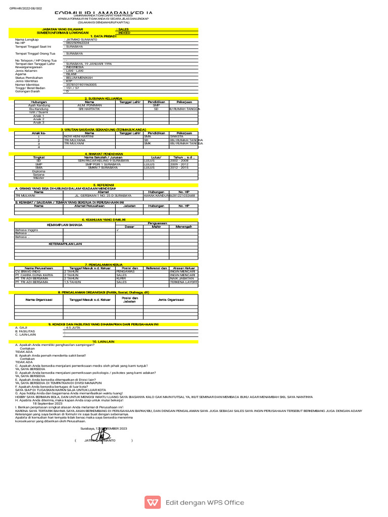 002 - Form Isian Biodata Pelamar Cam Group. | PDF