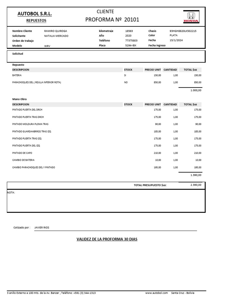 PROFORMA #20101: Cliente Autobol S.R.L | PDF