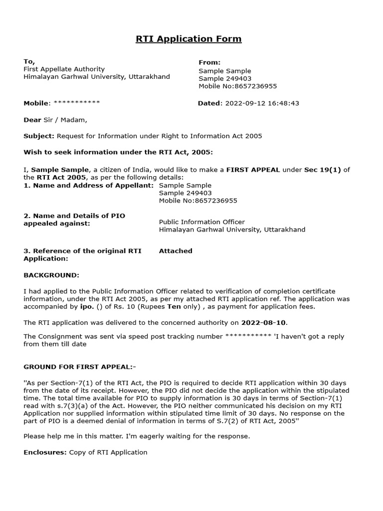 RTI First Appeal Format Sample | PDF | Finance & Money Management ...