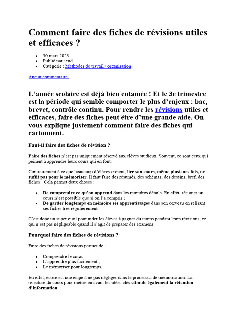 Fiches de révisions : Guide efficace | PDF | Mémoire | Apprentissage