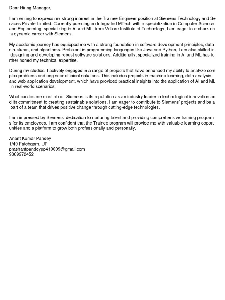 Cover Letter Siemens | PDF | Art | Computers