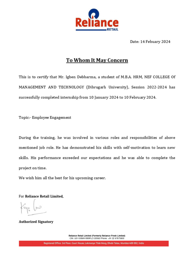 Internship Certificate for Igben Debbarma | PDF | Career & Growth | Business