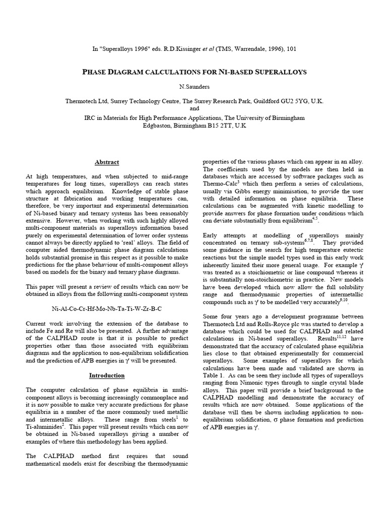Phase Diagram Calculations For Ni-Based Superalloys | PDF