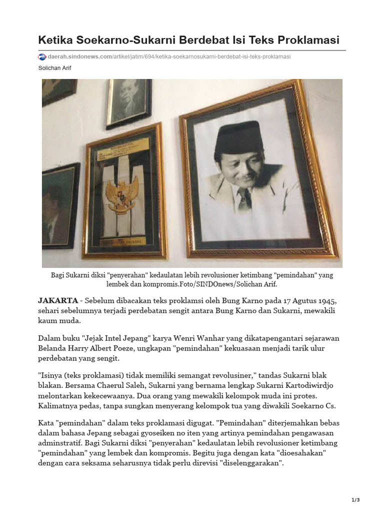 Ketika Soekarno-Sukarni Berdebat Isi Teks Proklamasi | PDF | Sejarah ...