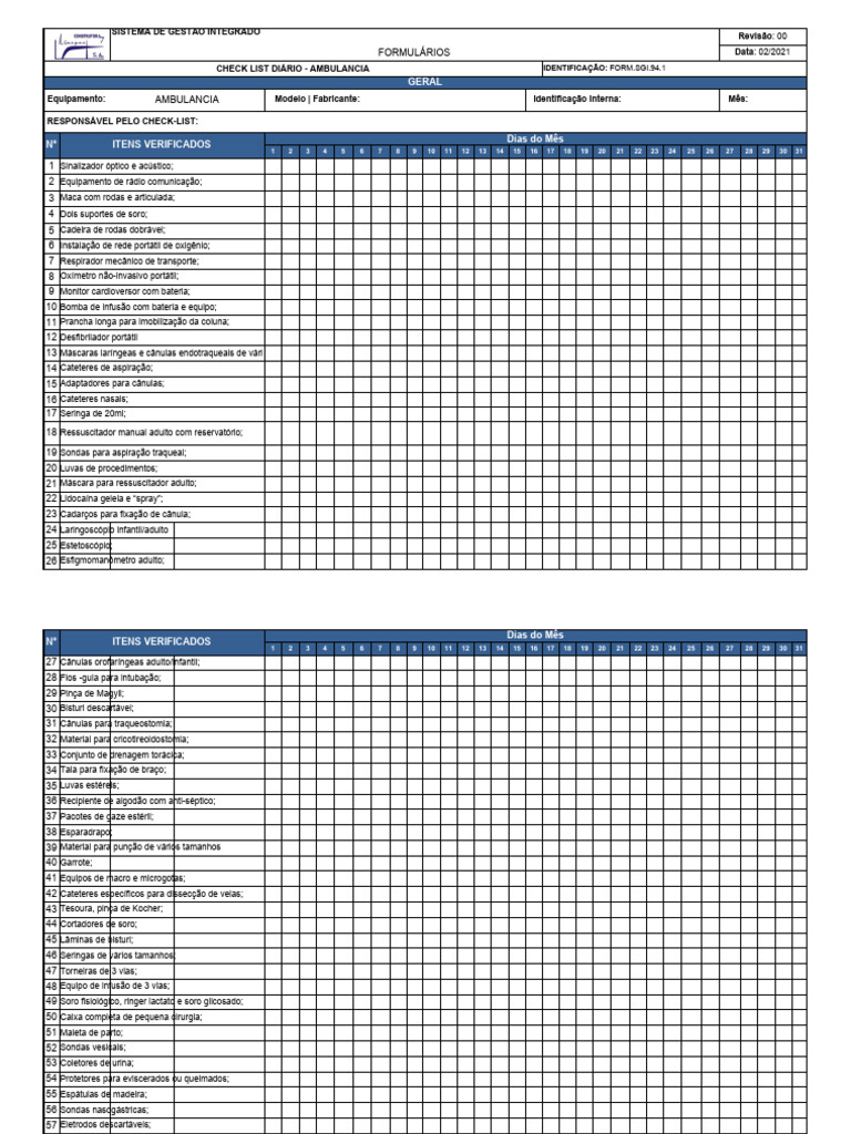 Form - Sgi..1 Ambulancia Rev 00 | PDF | Equipamento | Medicina Clínica