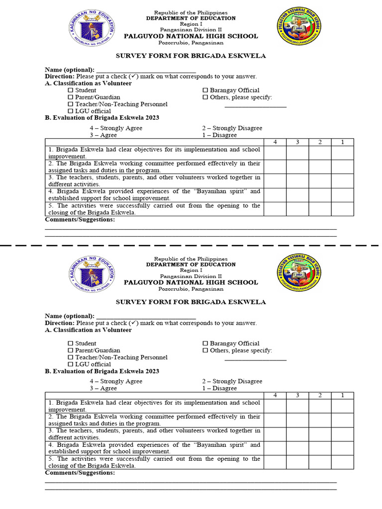 BRIGADA ESKWELA SURVEY FORM | PDF