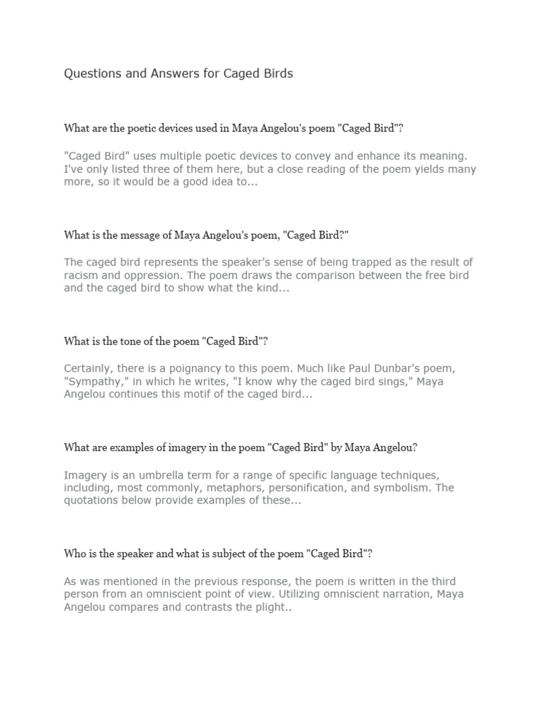 Questions and Answers For Caged Birds | PDF | Poetry | Maya Angelou