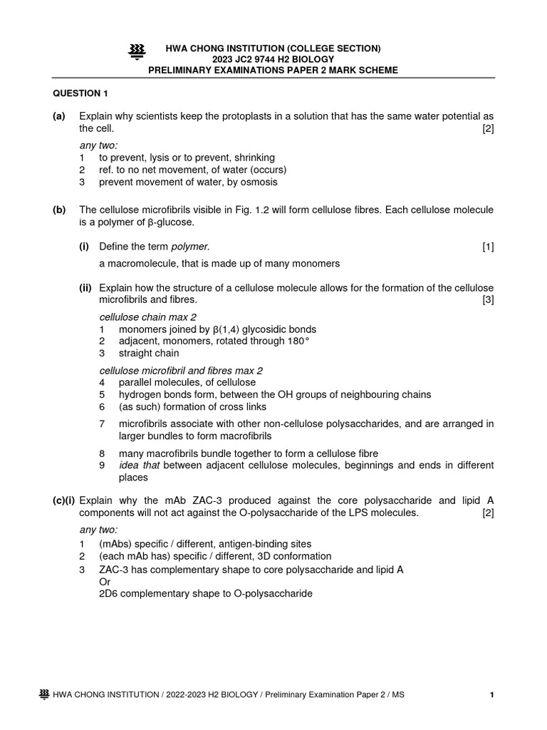 HCI 2023 JC2 9744 H2 Bio Prelim P2 MS (Sharing) | PDF