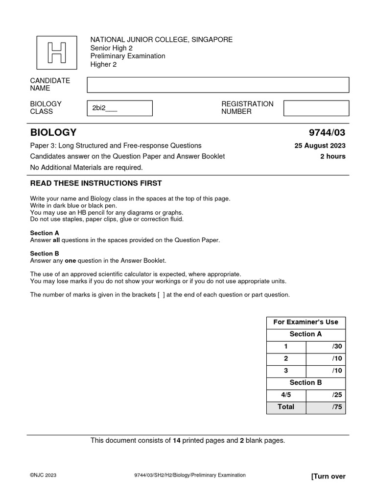 2023 NJC Sh2 h2 Prelim p3 Ans | PDF | Rna | Dna