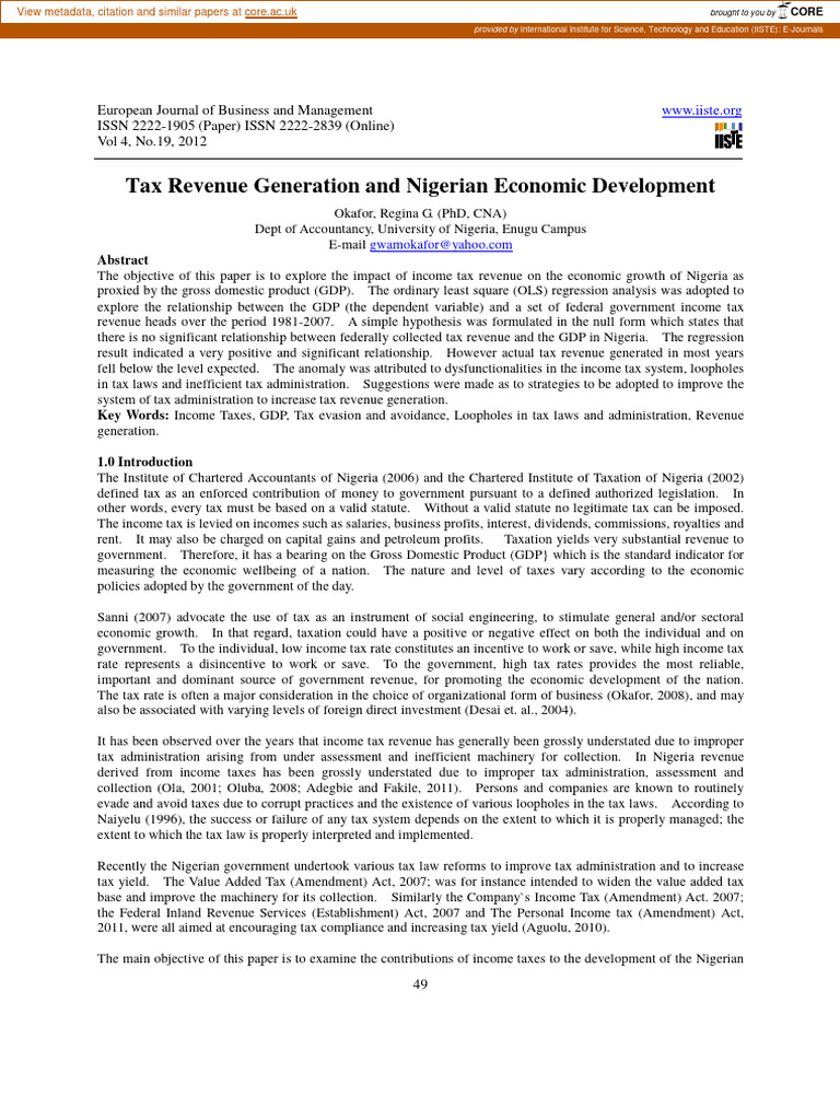 Tax Revenue Generation and Nigerian Economic Development | PDF | Taxes | Taxation In The United ...