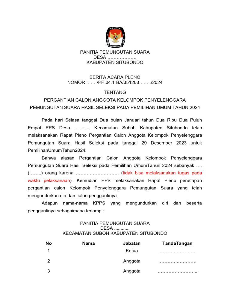 Ba Pergantian KPPS Pemilu 2024 | PDF