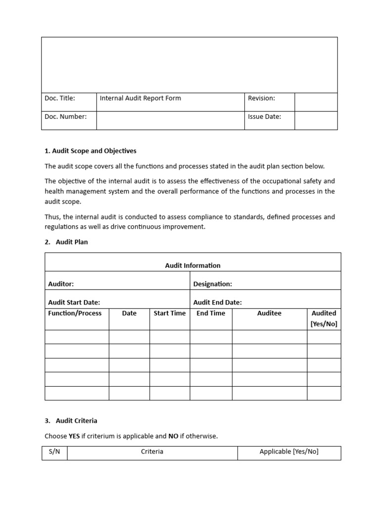 Sample Internal Audit Report Form | PDF