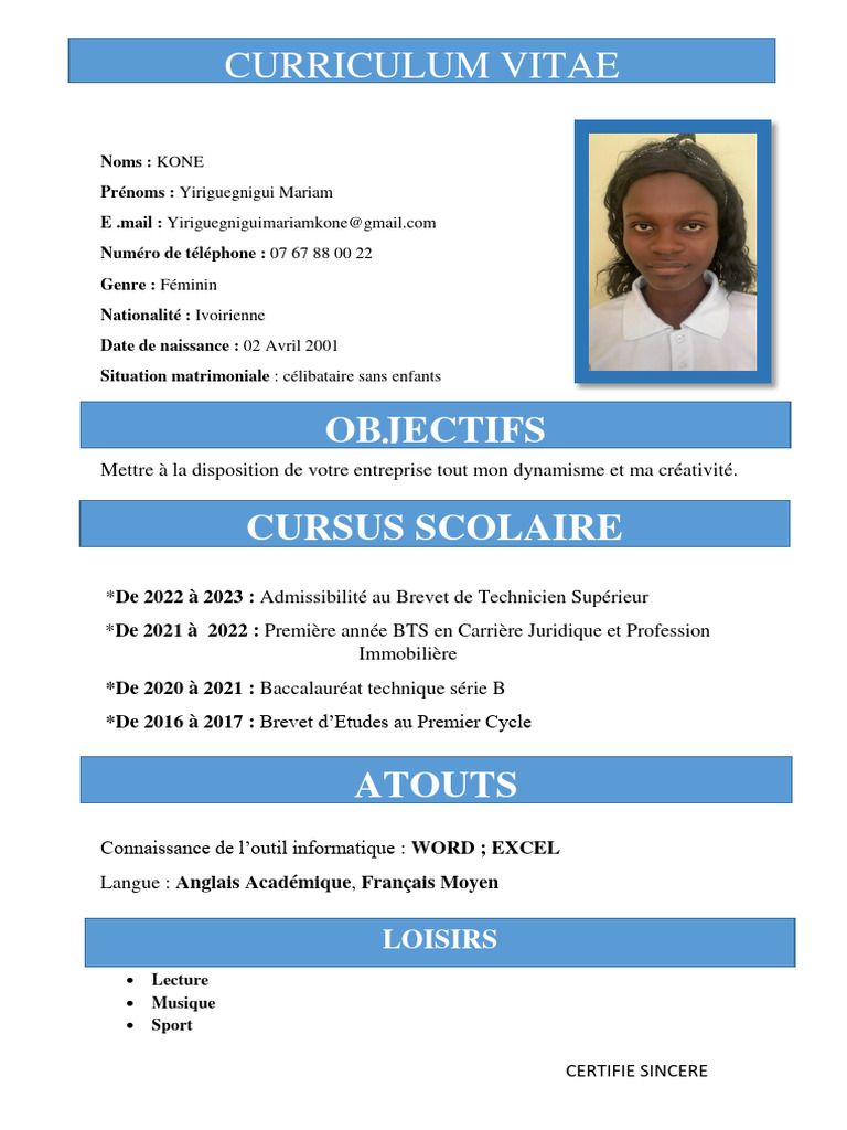 CV Certifié Sincère de Yiriguegnigui Mariam | PDF