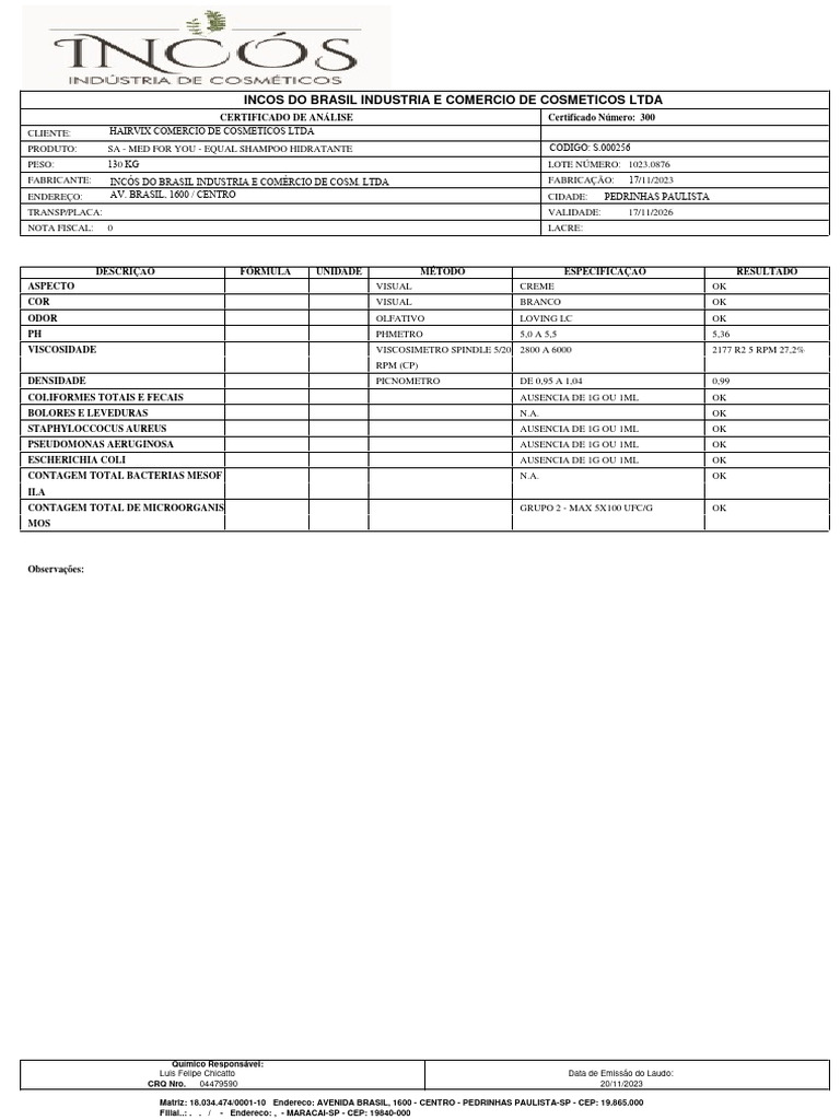 Certificado de Análise Equal Shampoo | PDF