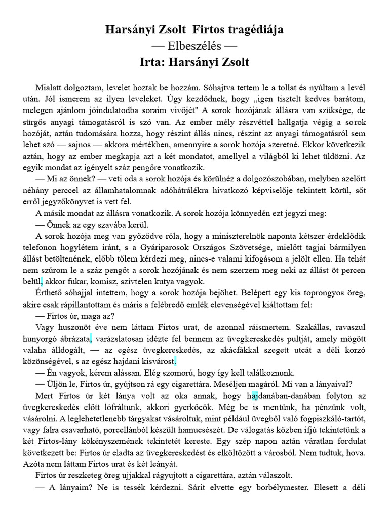 Harsányi Zsolt Firtos Tragédiája | PDF