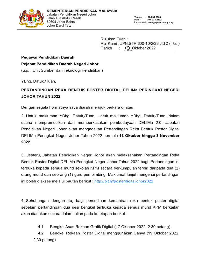 Surat Rasmi Pertandingan Reka Bentuk Poster Digital DELIMa 2022 | PDF