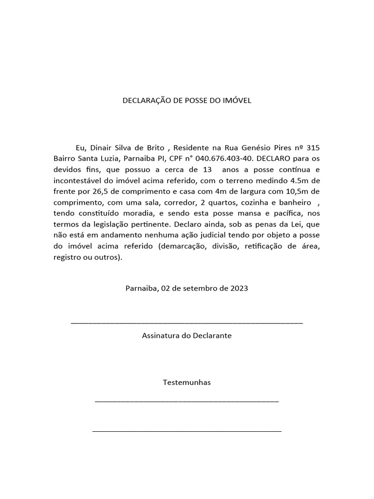 Declaração de Posse de Imóvel em Parnaíba | PDF