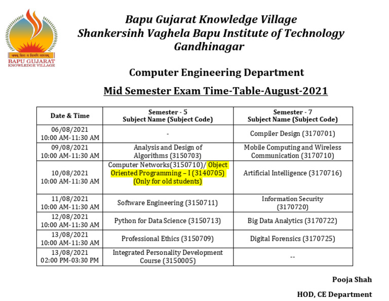 2021 - CE - August - Mid Sem Exam Time-Table | PDF