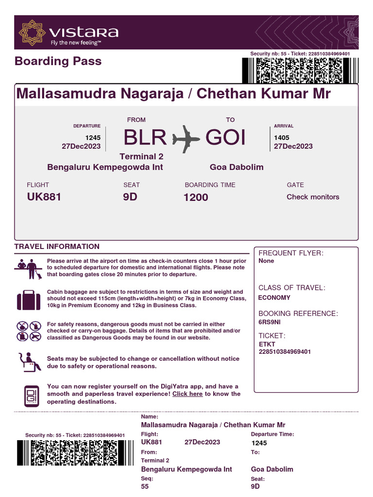 Your Boarding Pass To Goa - VISTARA CH | PDF | Aviation | Transport