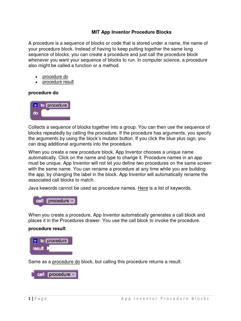 MIT App Inventor Procedure Blocks | PDF