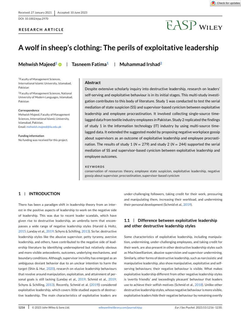 Majeed Et Al (2023 EJSP) The Perils of Exploitative Leadership | PDF ...