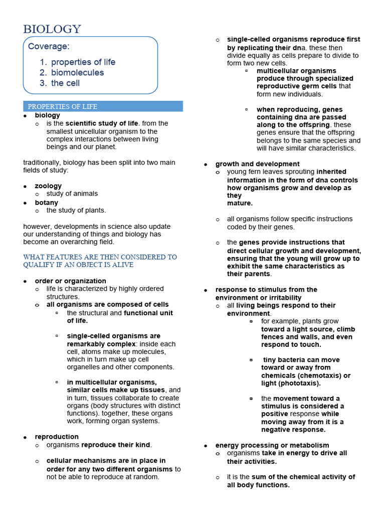 Shs Reviewer Biology | PDF | Cell (Biology) | Dna