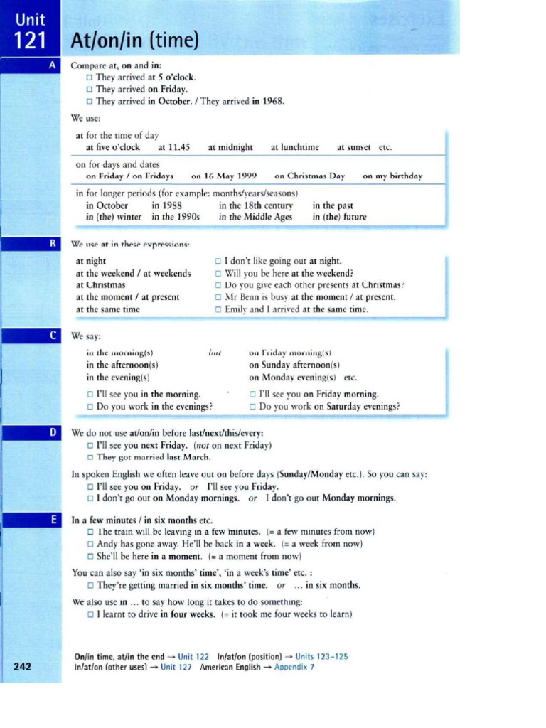 Prepositions of Time (Rules) | PDF